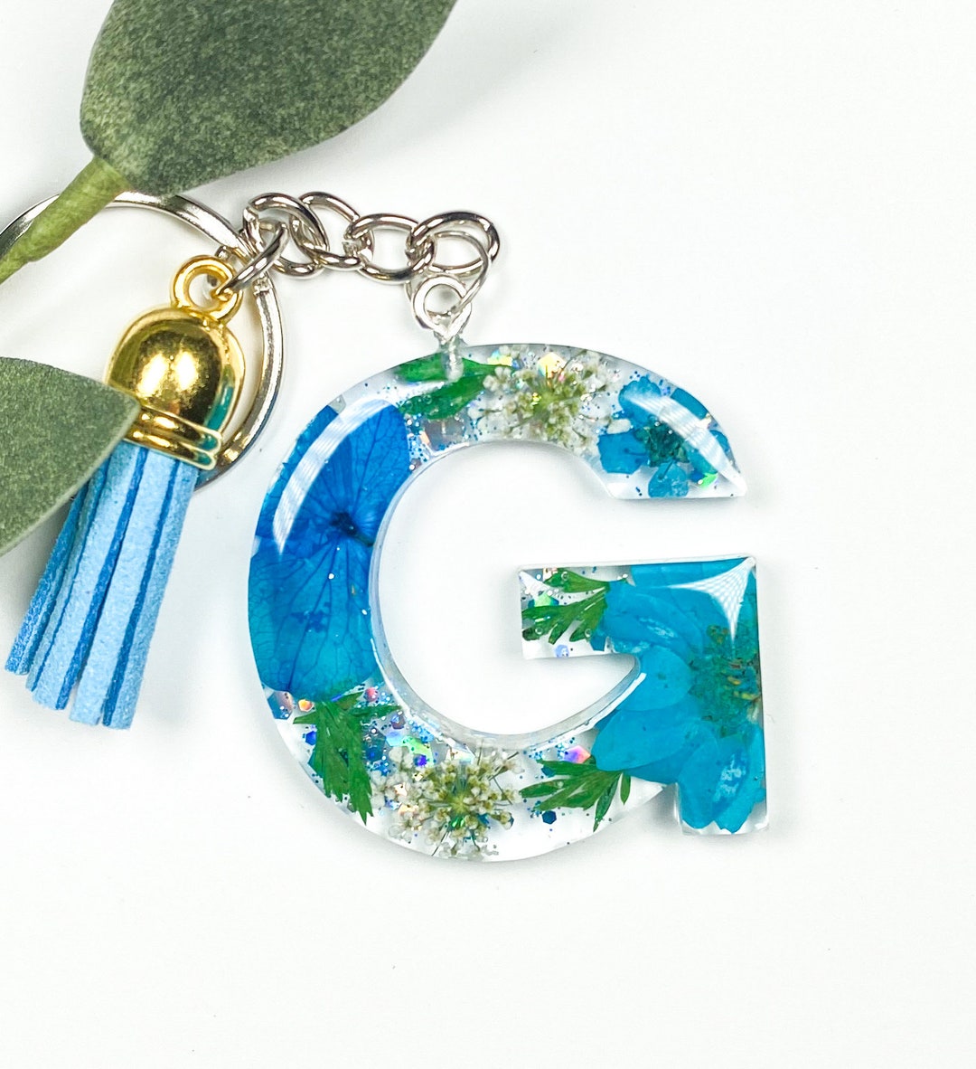 Pressed Teal Blue Dried Flower Resin Keychain, Floral Blue Glitter ...