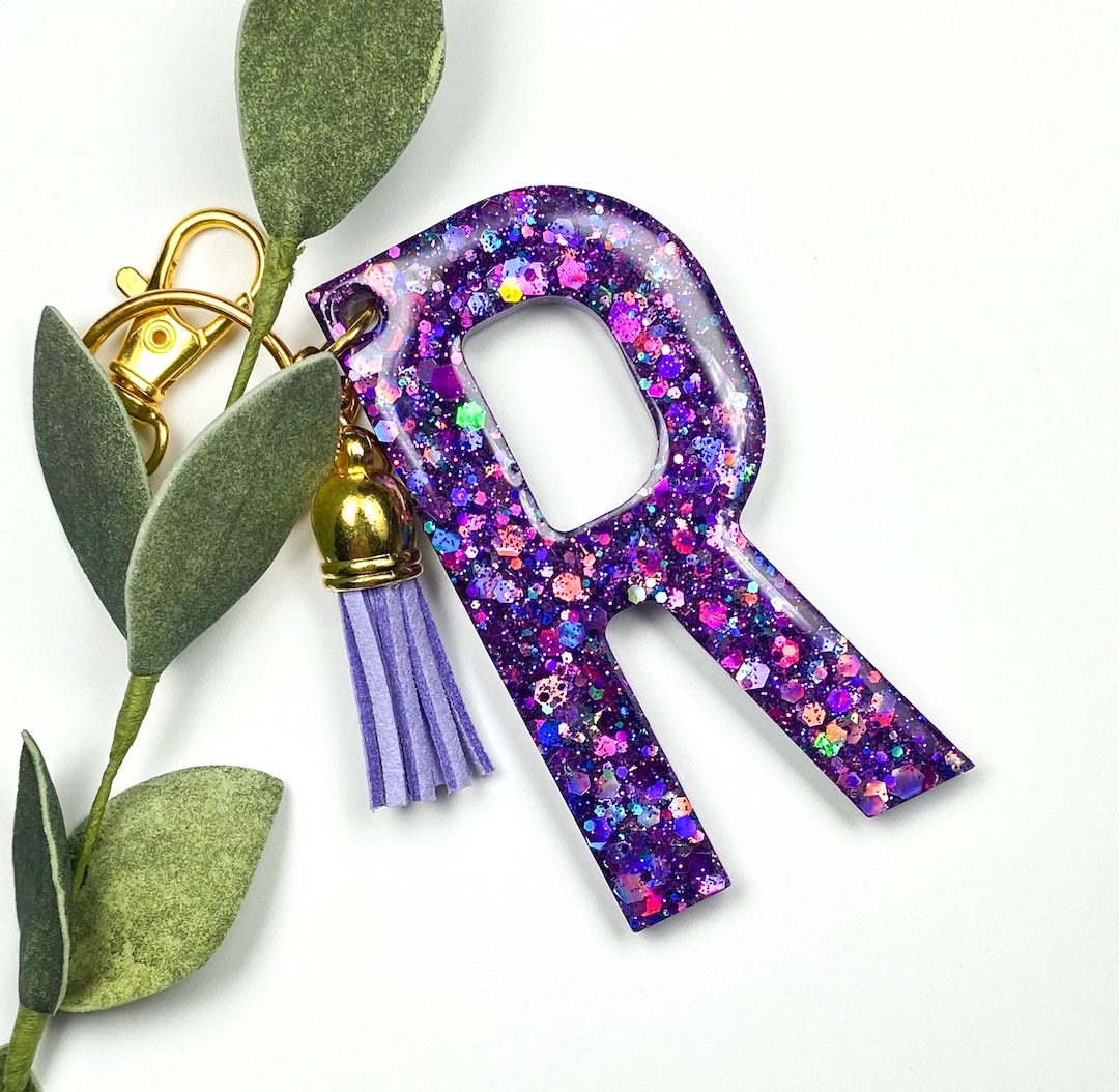 Personalised Glitter Initial Letter Keychain, Custom Monogram Resin Keychain, Purple Alphabet ...
