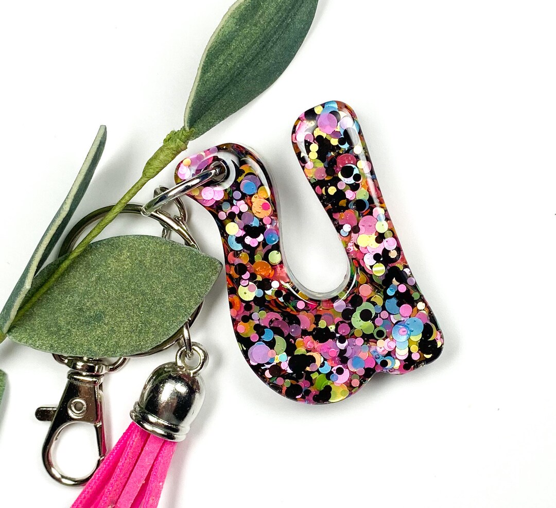 Confetti Glitter Letter Resin Keychain, Retro Dots Alphabet Initial ...