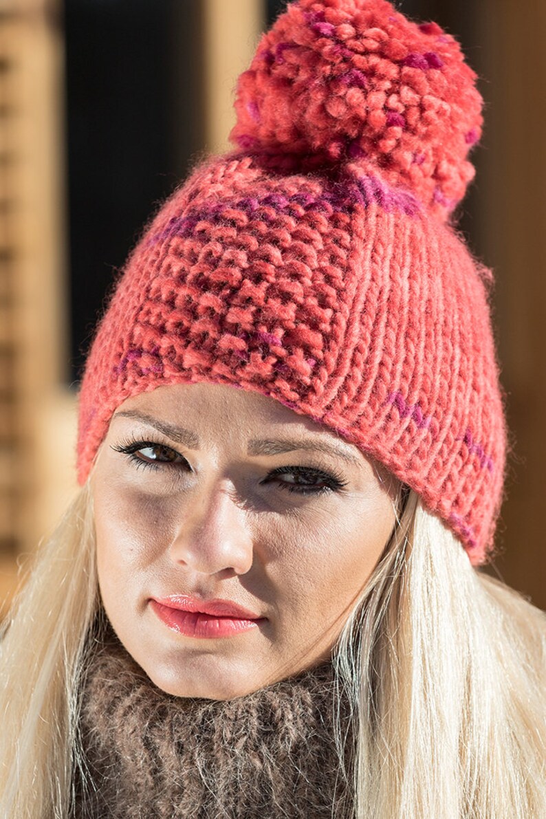 Red Wool Beanie Hat - Knit Woman Hat - Pompom Hat - Hand Knit Beanie ...