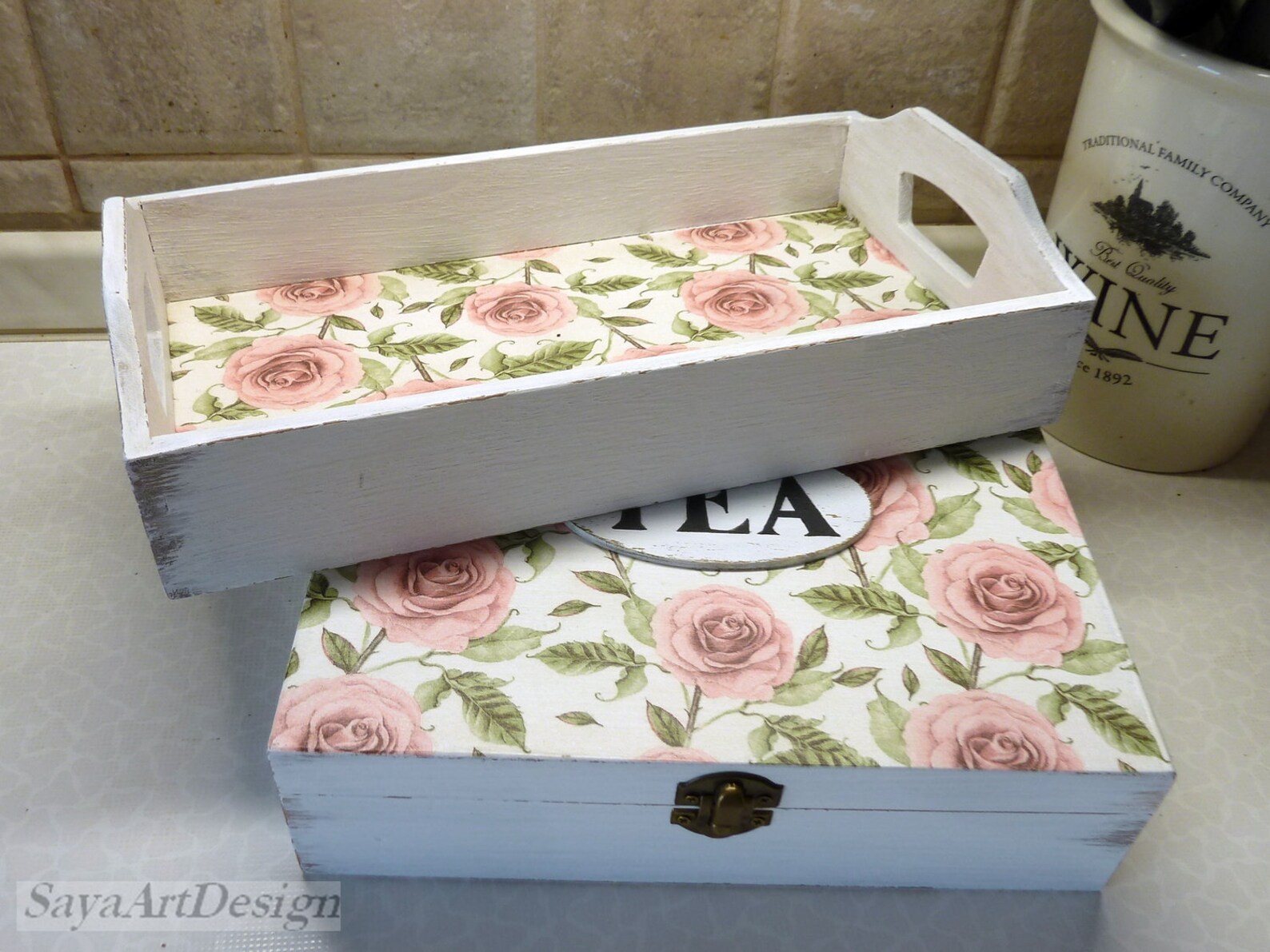 Tea Box Wooden Tea Box With Pink Roses. Shabby Chic Tea Bags | Etsy