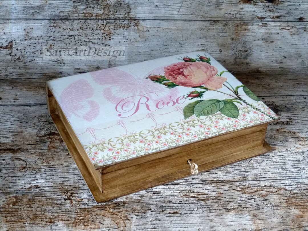 Jewelry Keepsake Box With Key. Book Shape Wooden Box With Rose Flower ...