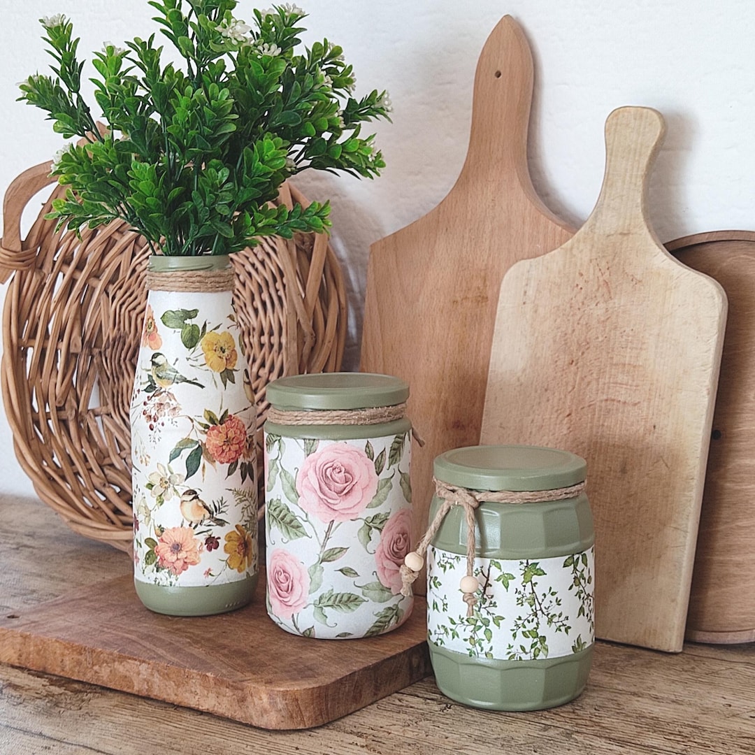 Glass Jars. Floral Kitchen Utensil Holder. Storage Containers. Green ...