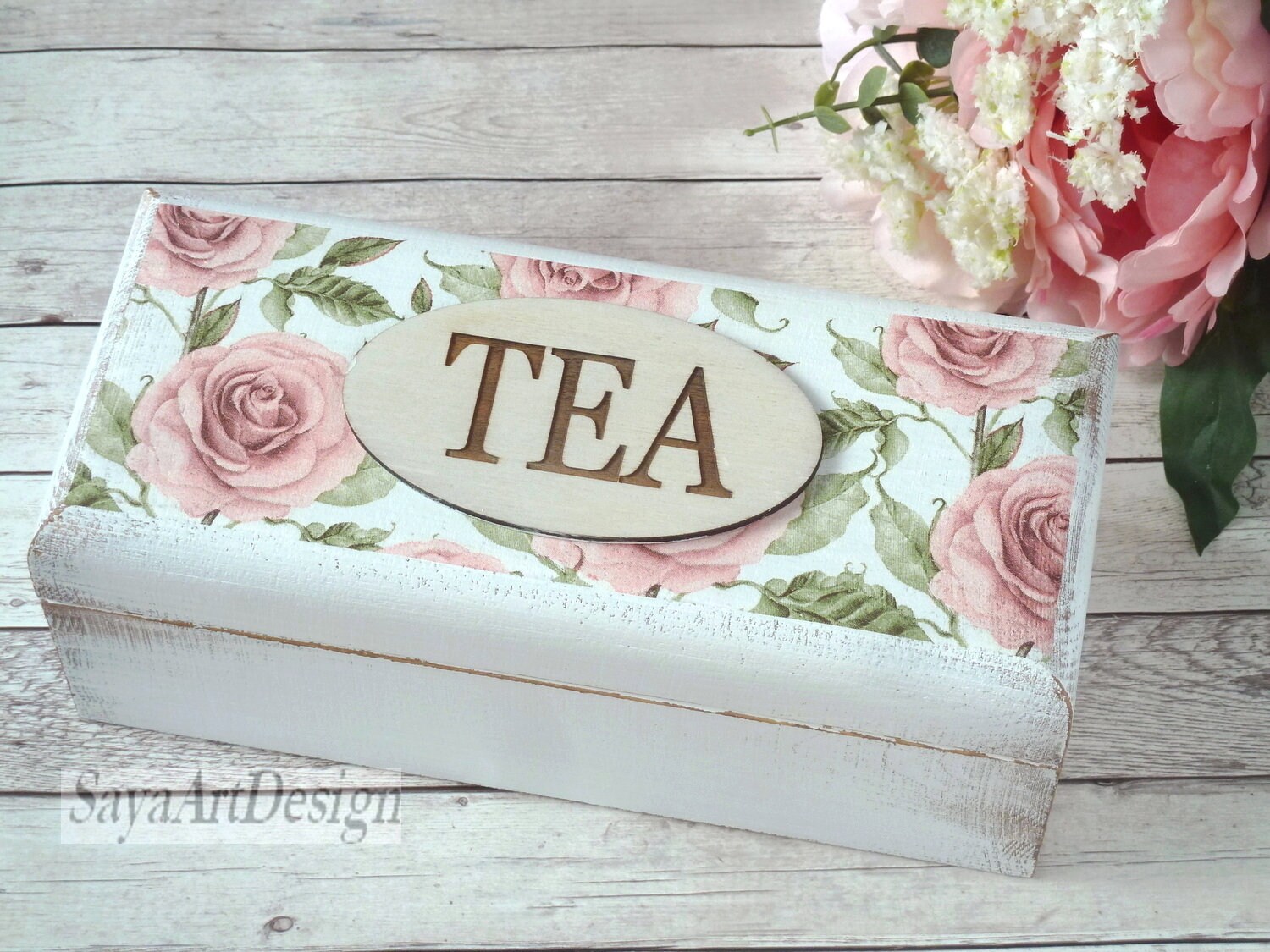 White Wooden Tea Box With Pink Roses. Shabby Chic Tea Bags | Etsy