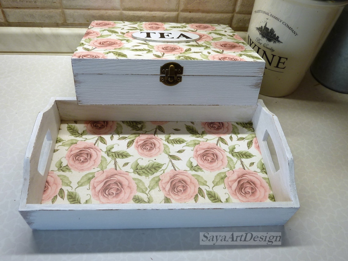 Tea Box Wooden Tea Box With Pink Roses. Shabby Chic Tea Bags | Etsy
