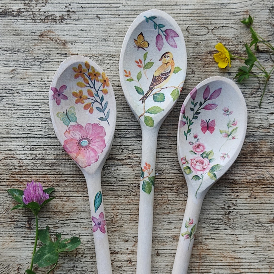 Floral Wooden Spoons Decorated With Flowers, Bird and Butterfly ...
