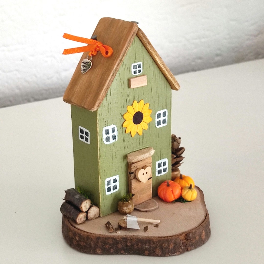 Mini Wooden House With Pumpkins and Logs. Wooden Autumn House Scene ...