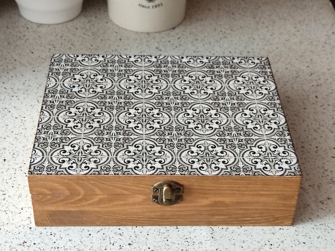 Wooden Tea Box With Tiles Pattern. Tea Storage Box. Black Taupe Color ...