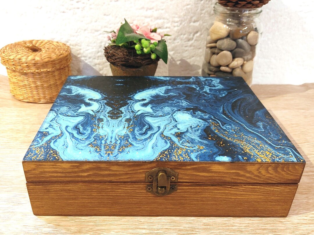 Blue Gold Shades Wooden Tea Box. Tea Bags Storage. Jewelry Box or Tea ...