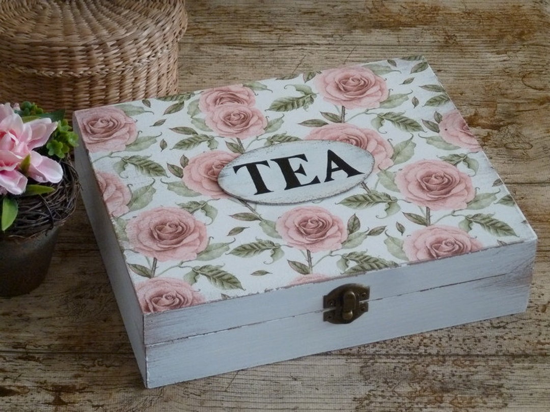 Tea Box Wooden Tea Box With Pink Roses. Shabby Chic Tea Bags - Etsy