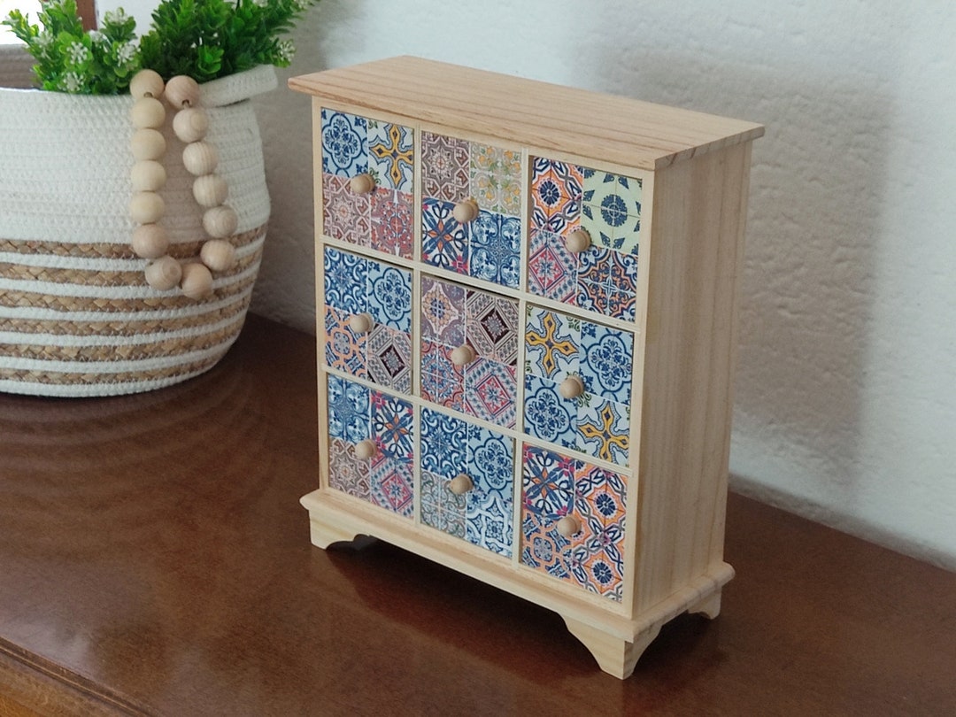 Natural Wood Tabletop Cabinet With 9 Drawers Decorated With Multicolor ...