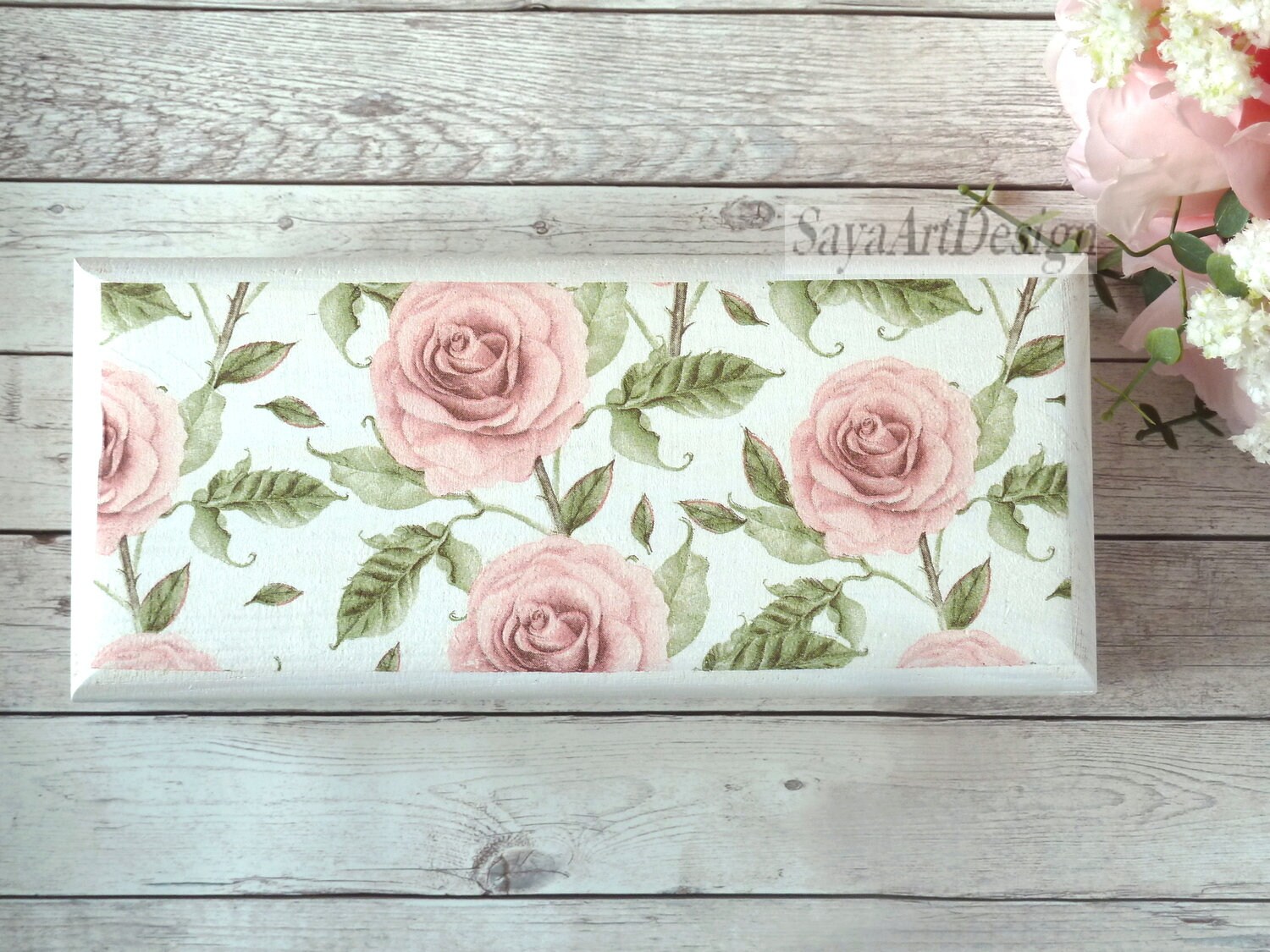 White Wooden Tea Box With Pink Roses. Shabby Chic Tea Bags | Etsy