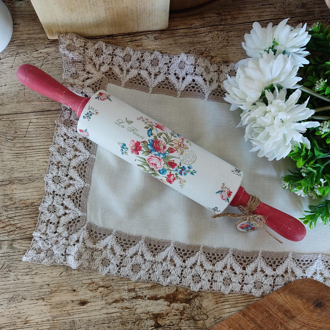 Vintage Style Decorative Rolling Pin: Red & Blue Floral Farmhouse Decor ...
