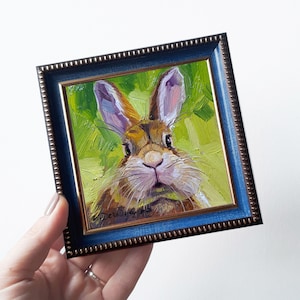 Cute Rabbit Painting Original Oil Framed 4x4, Small Framed Art Rabbit ...