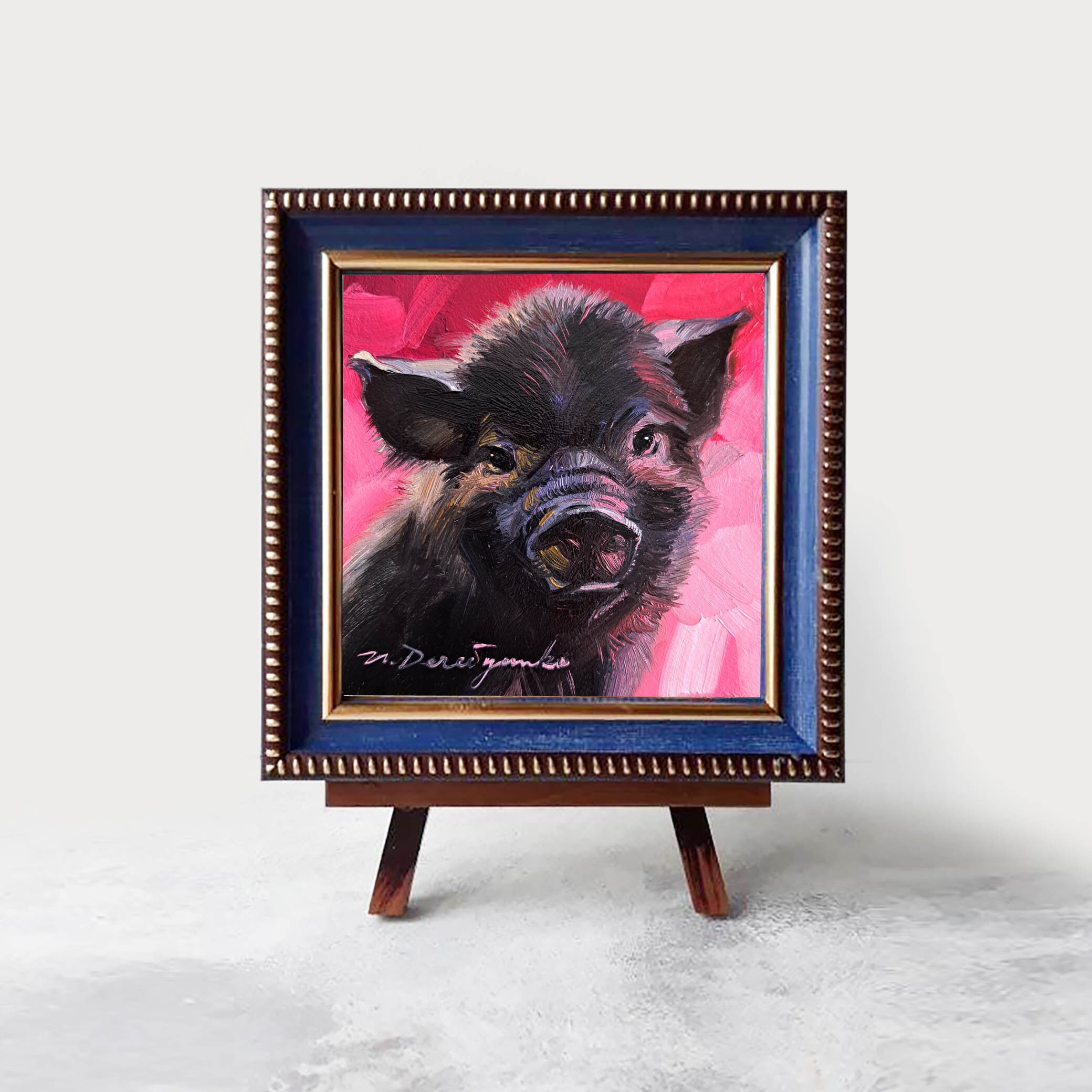 Pig Painting Original Framed 4x4, Small Oil Painting Hot Pink Pig ...