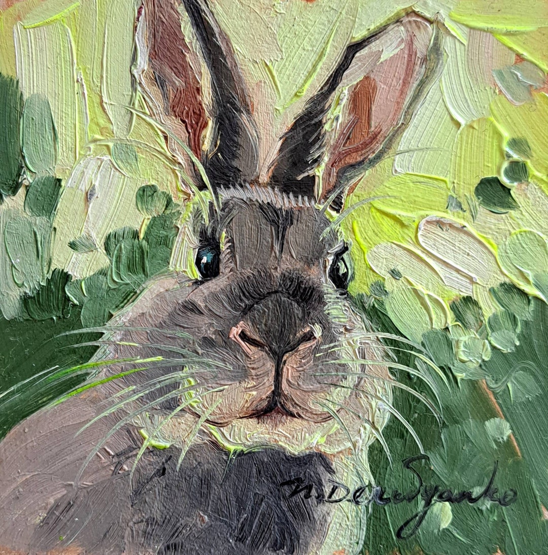 Cute Rabbit Painting Original Oil Framed 4x4, Small Framed Art Rabbit ...