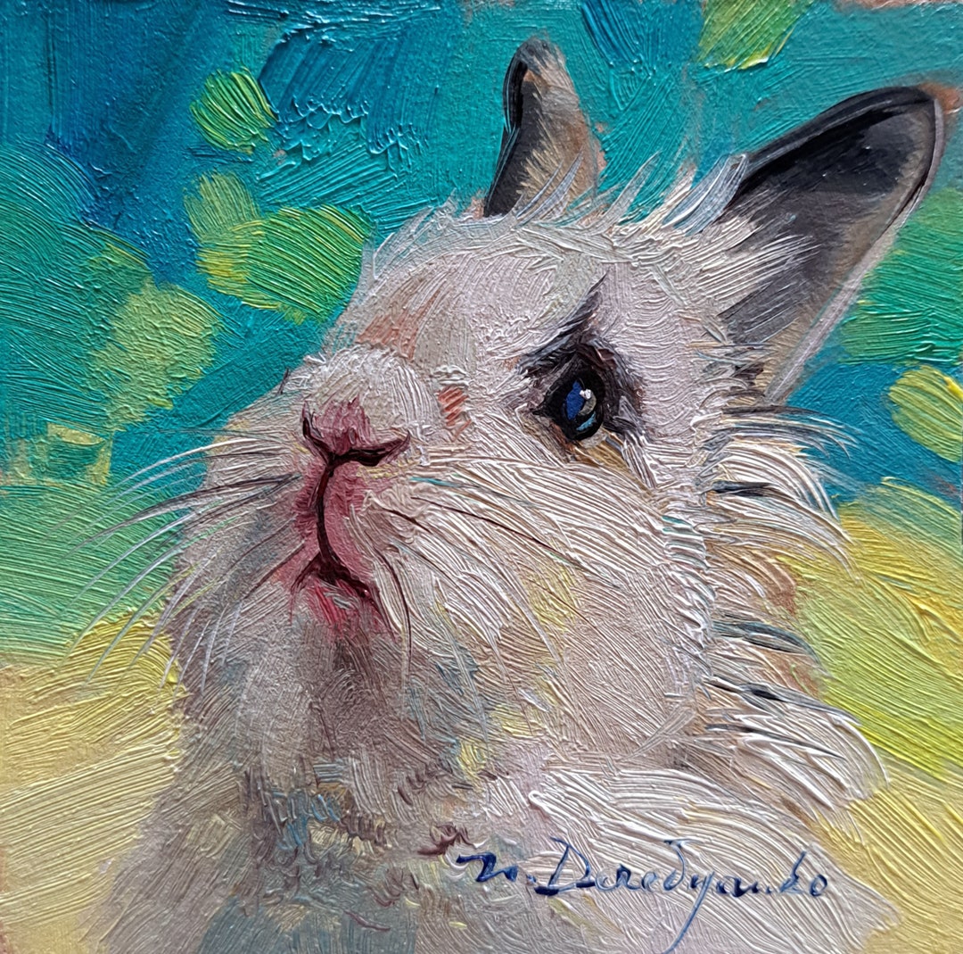 Cute Rabbit Painting Original Oil Framed 4x4, Small Framed Art Rabbit ...