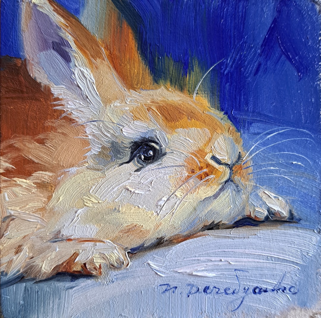 Bunny Painting Original Oil 4x4 Framed Painting, Small Framed Art Blue ...