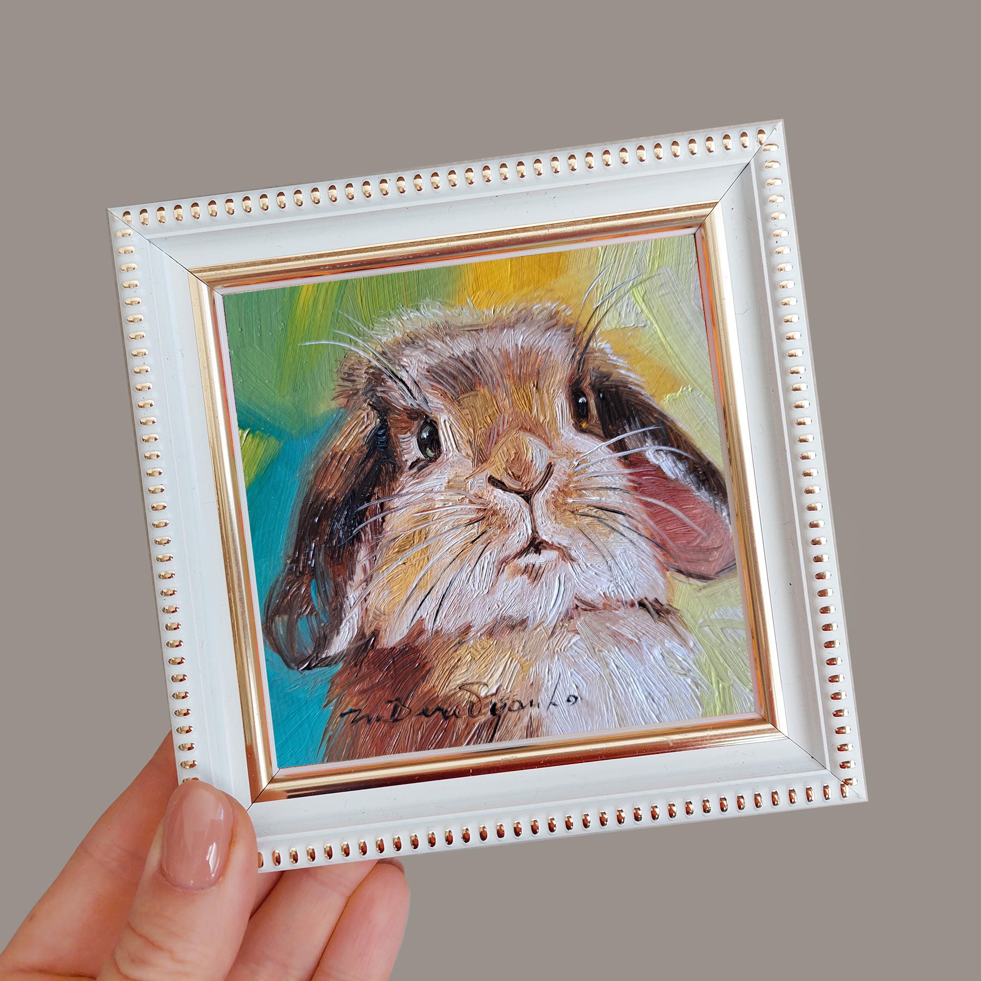 Cute Rabbit Painting Original Oil Framed 4x4, Small Framed Art Rabbit ...