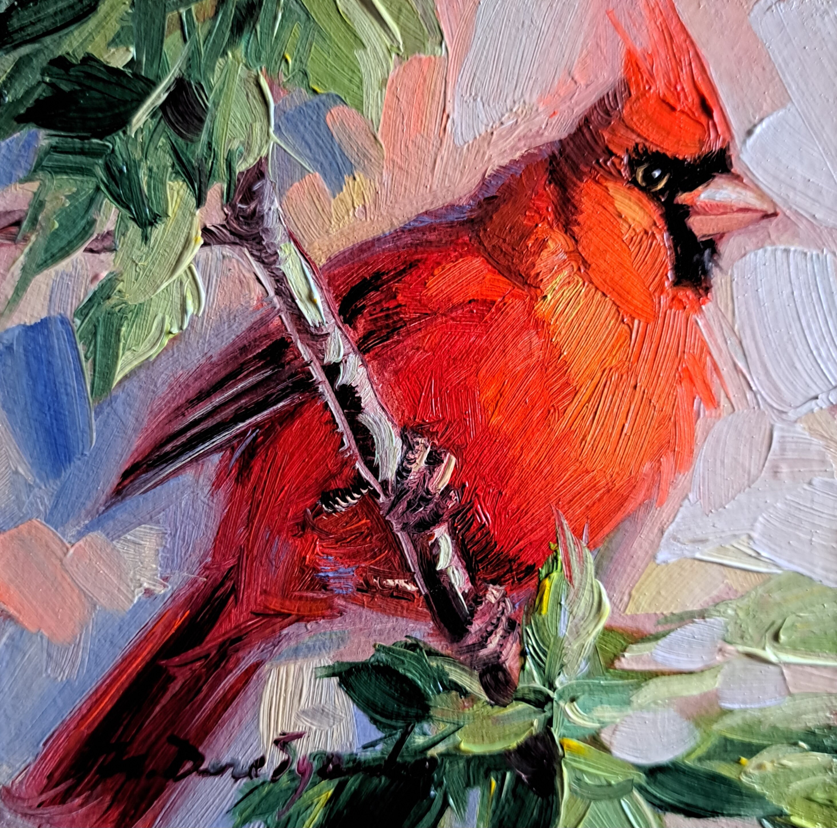 Red Bird Small Painting Frame 4x4 Cardinal Oil Painting Original, Bird ...