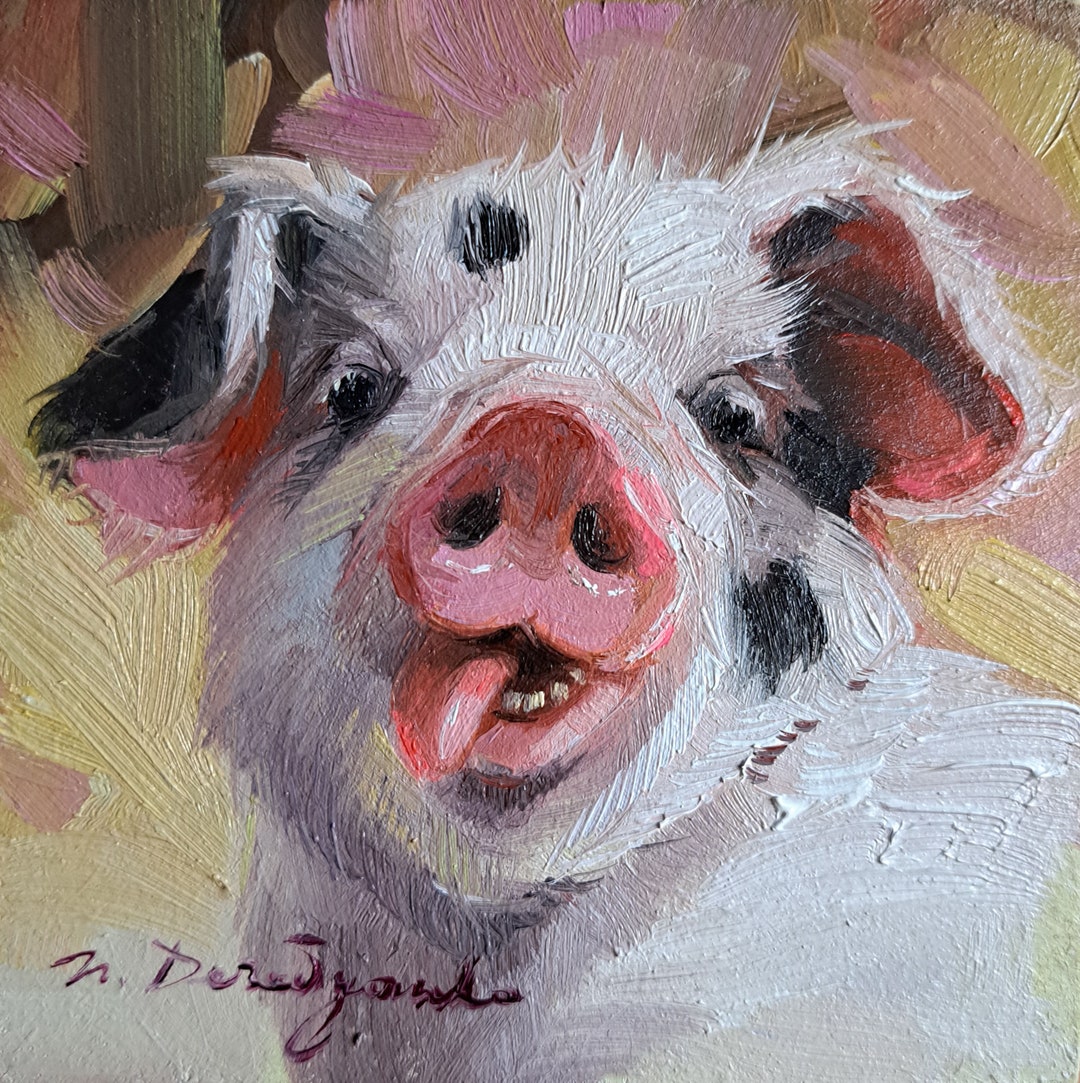 Pink Pig Artwork Oil Painting Original Small Art Framed 4x4, Custom Pet ...