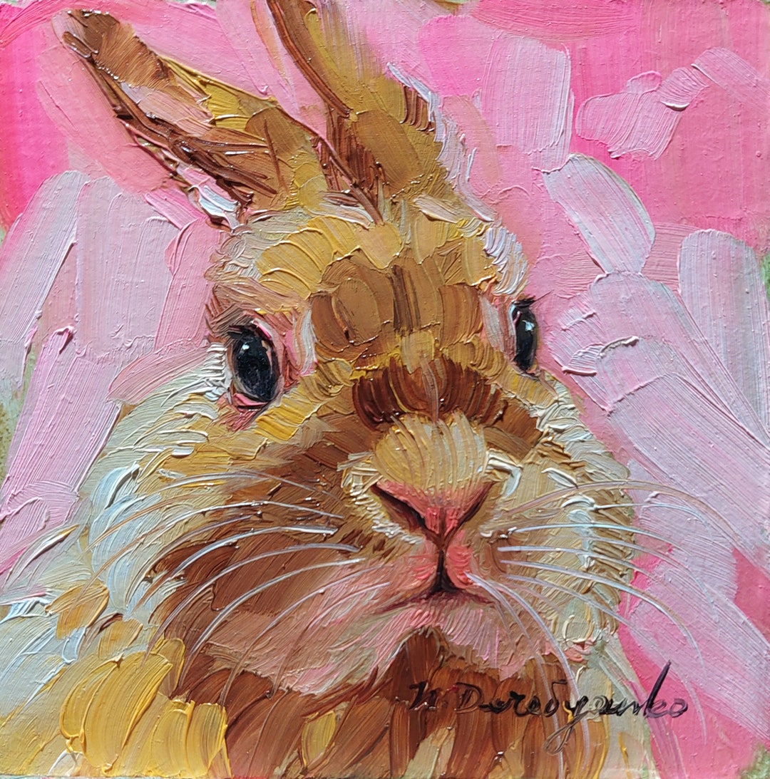 Cute Rabbit Painting Original Oil Framed 4x4, Small Framed Art Rabbit ...