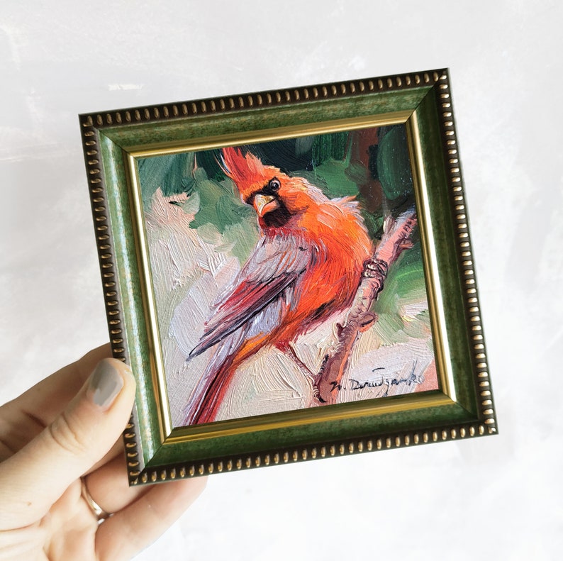 Red Bird Small Painting Frame 4x4 Cardinal Oil Painting Original, Bird ...