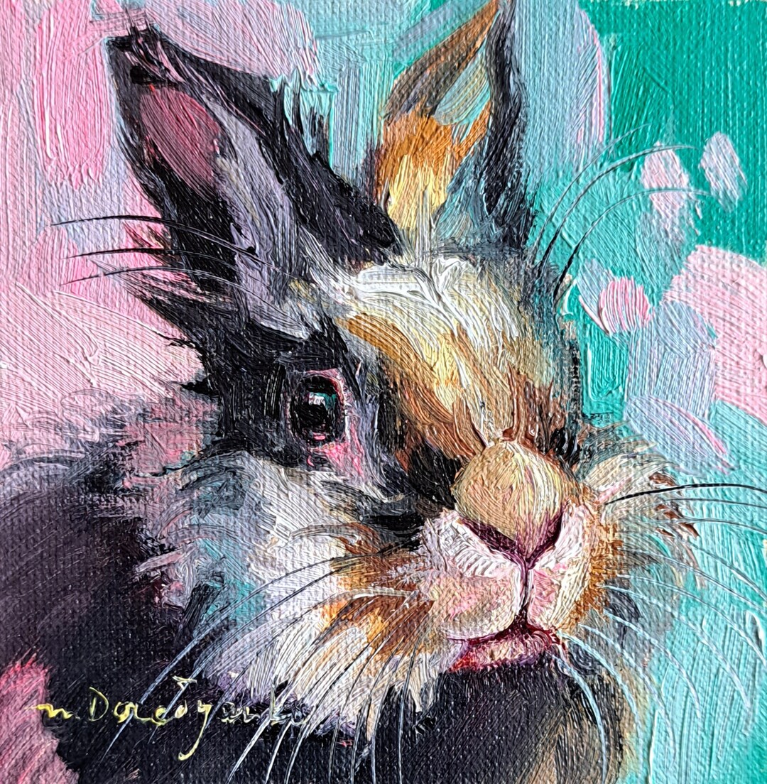Cute Rabbit Painting Original Oil Framed 4x4, Small Framed Art Rabbit ...