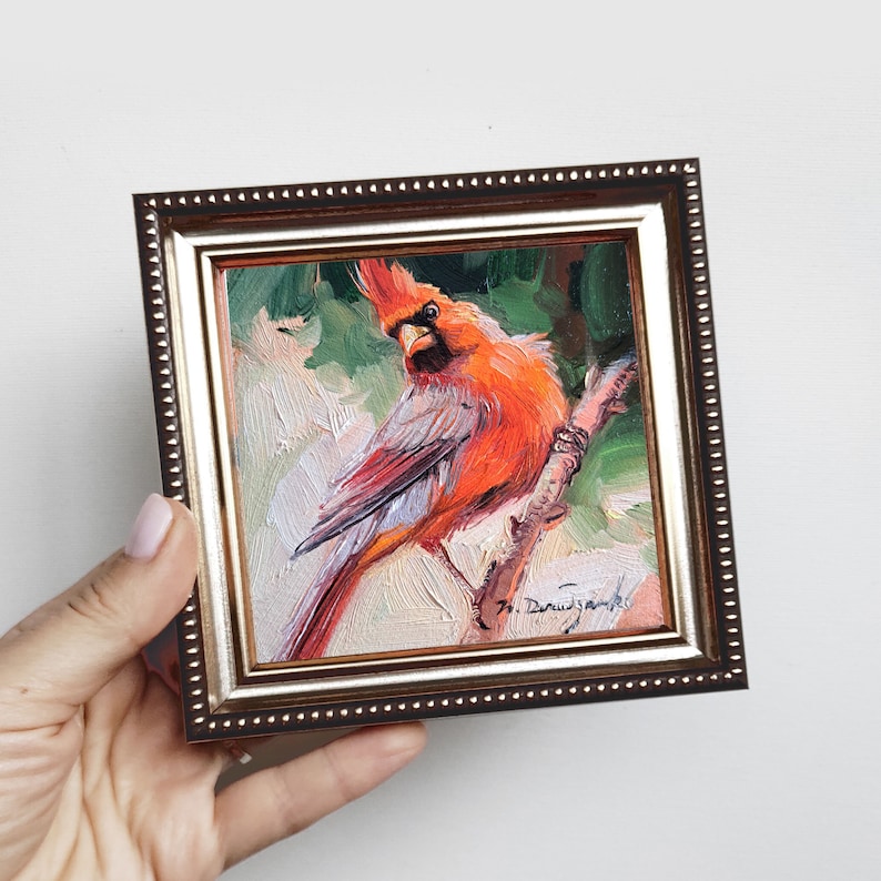 Red Bird Small Painting Frame 4x4 Cardinal Oil Painting Original, Bird ...