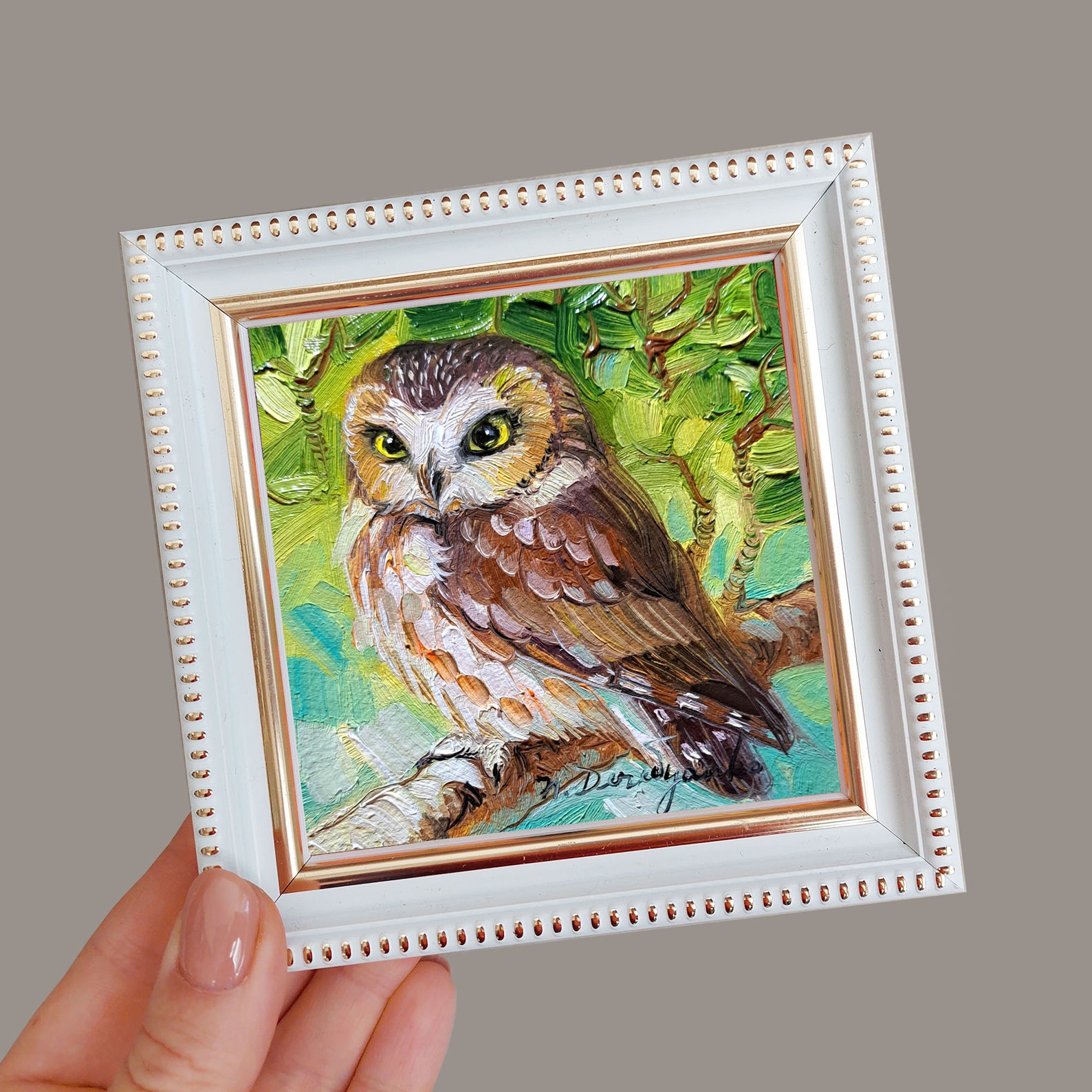 Gufo Uccello Dipinto Originale 4x4 Piccola Opera D'arte Incorniciata ...