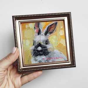 Cute Rabbit Painting Original Oil Framed 4x4, Small Framed Art Black ...