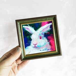 Cute White Rabbit Painting Original Oil Framed 4x4, Small Framed Art ...