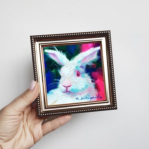 Cute White Rabbit Painting Original Oil Framed 4x4, Small Framed Art ...
