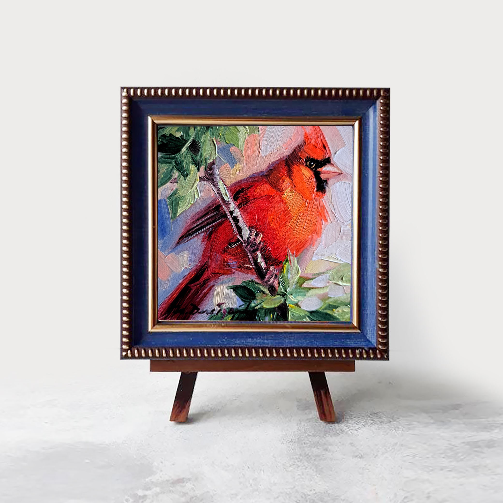 Red Bird Small Painting Frame 4x4 Cardinal Oil Painting Original, Bird ...