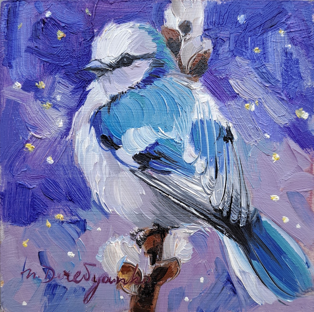 Blue Bird Painting Original Small Oil Small Art Framed, Blue Tit Bird ...