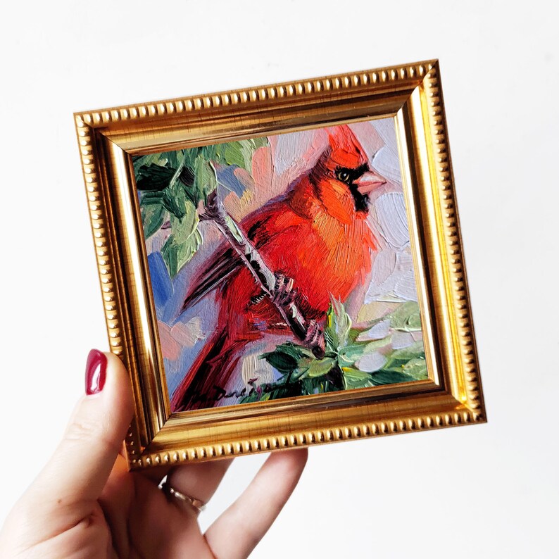 Red Bird Small Painting Frame 4x4 Cardinal Oil Painting Original, Bird ...