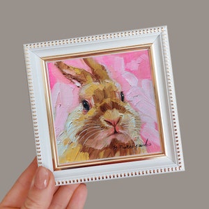 Cute Rabbit Painting Original Oil Framed 4x4, Small Framed Art Rabbit ...