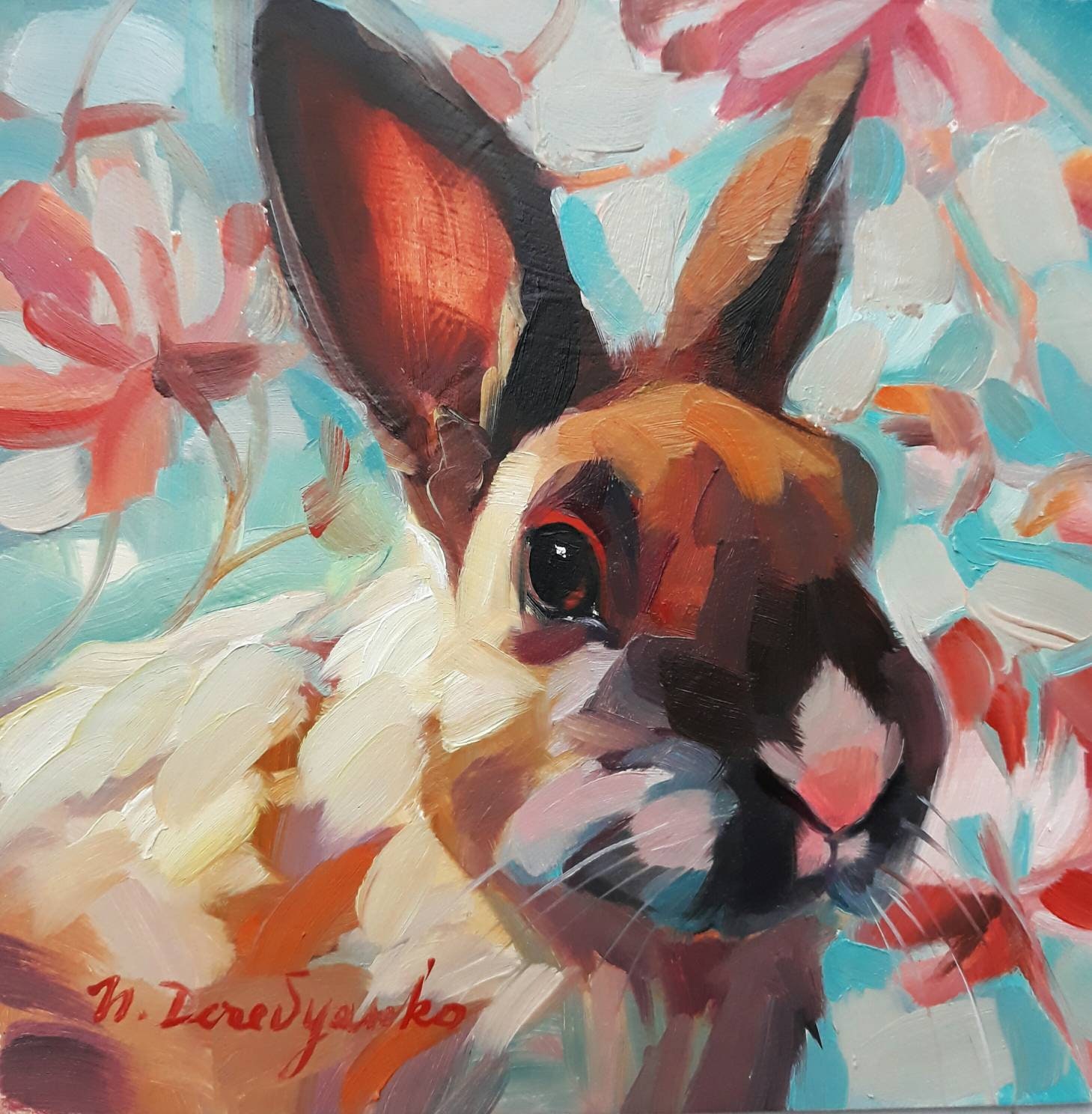 Floral Rabbit Bunny painting art Rabbit oil painted portrait | Etsy