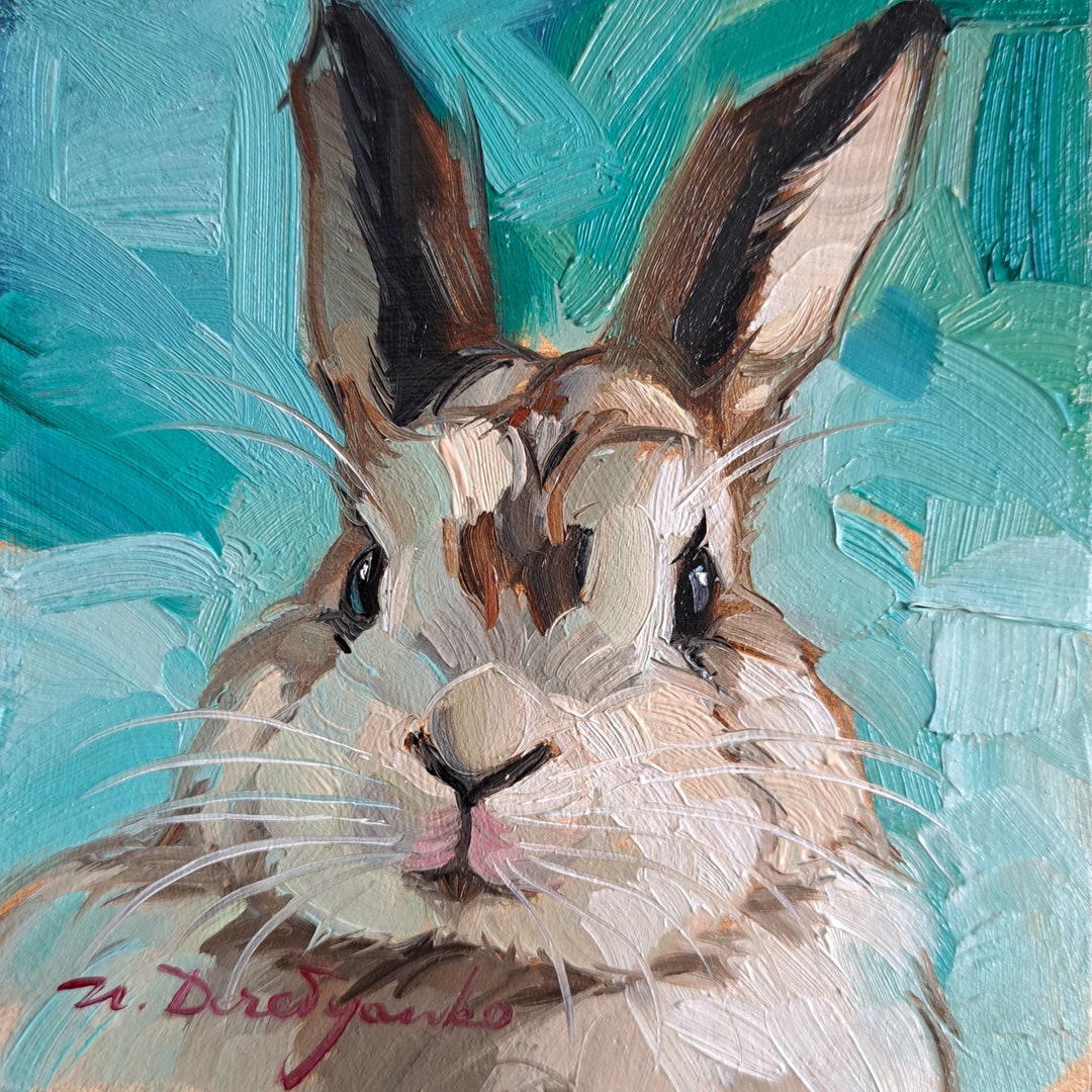 Cute Rabbit Painting Original Oil Framed 4x4, Small Framed Art Rabbit ...