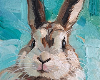 Cute Rabbit Painting Original Oil Framed 4x4, Small Framed Art Rabbit ...