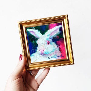 Cute White Rabbit Painting Original Oil Framed 4x4, Small Framed Art ...