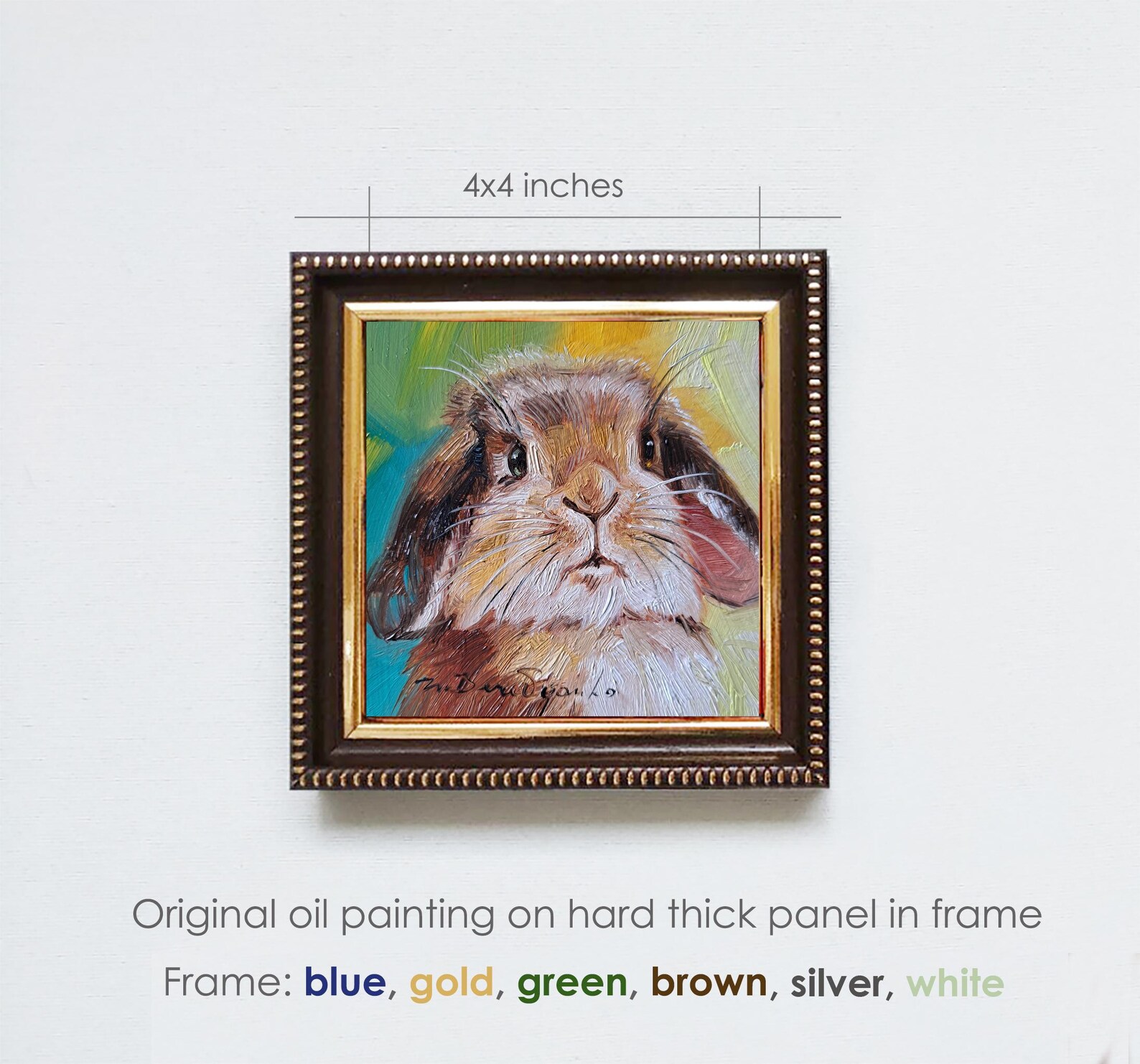 Cute Rabbit Painting Original Oil Framed 4x4, Small Framed Art Rabbit ...