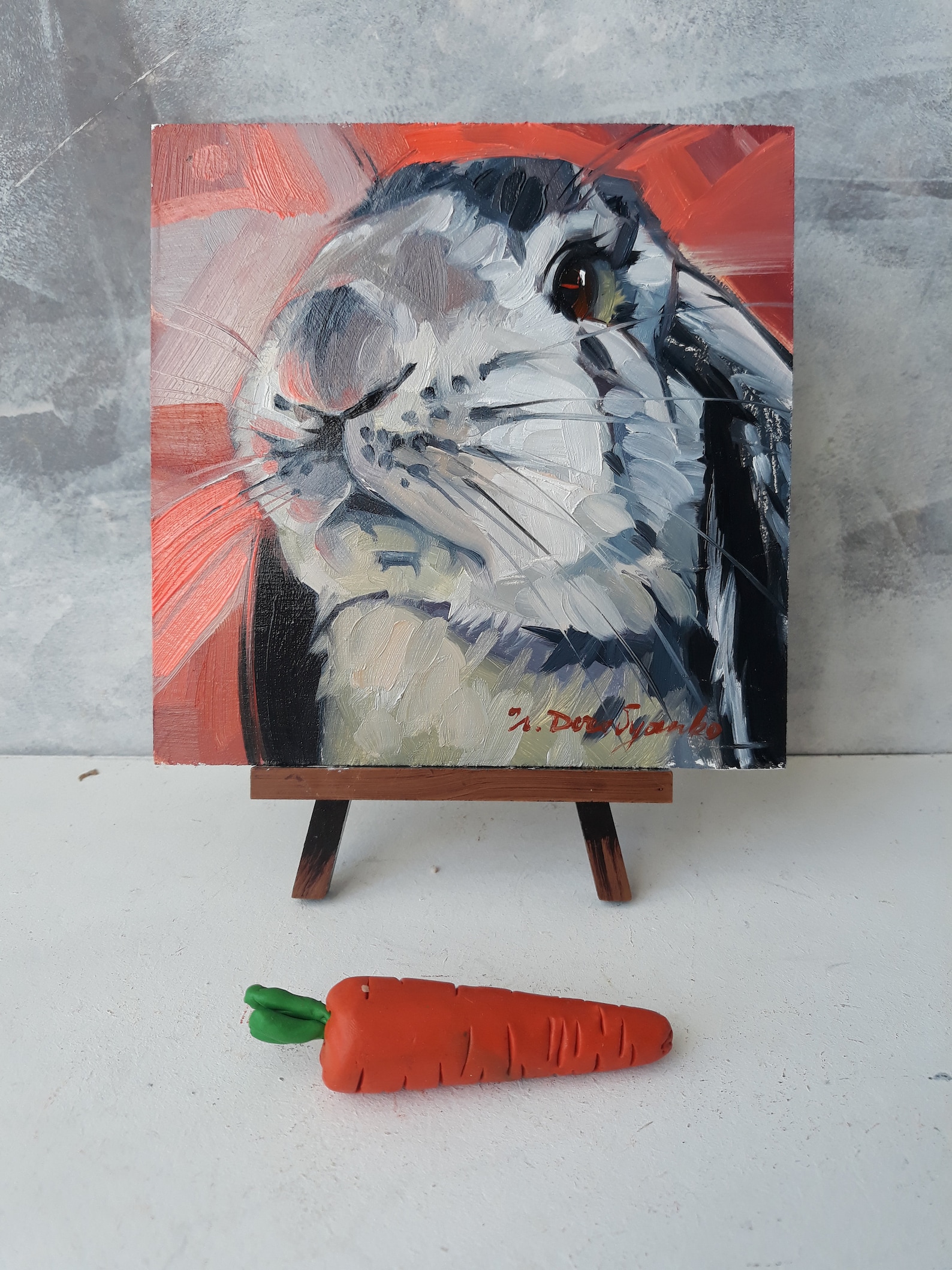Gray Rabbit Bunny Picture Frame, Rabbit Oil Painted Portrait on Canvas ...