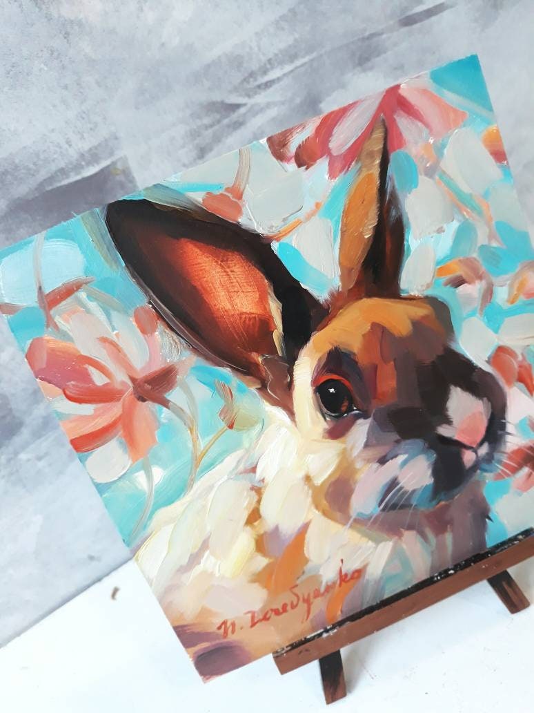 Floral Rabbit Bunny painting art Rabbit oil painted portrait | Etsy