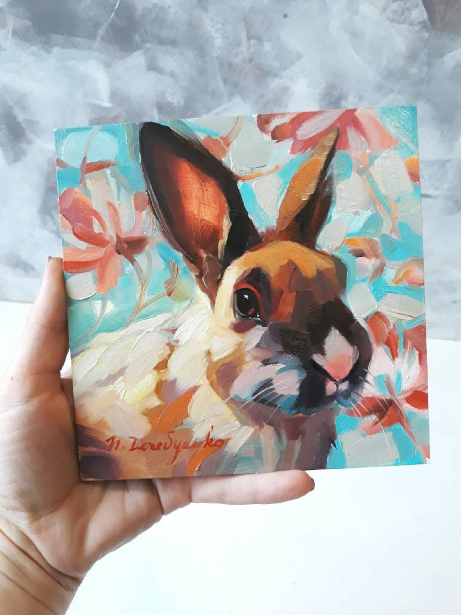 Floral Rabbit Bunny Painting Art Rabbit Oil Painted Portrait Custom ...