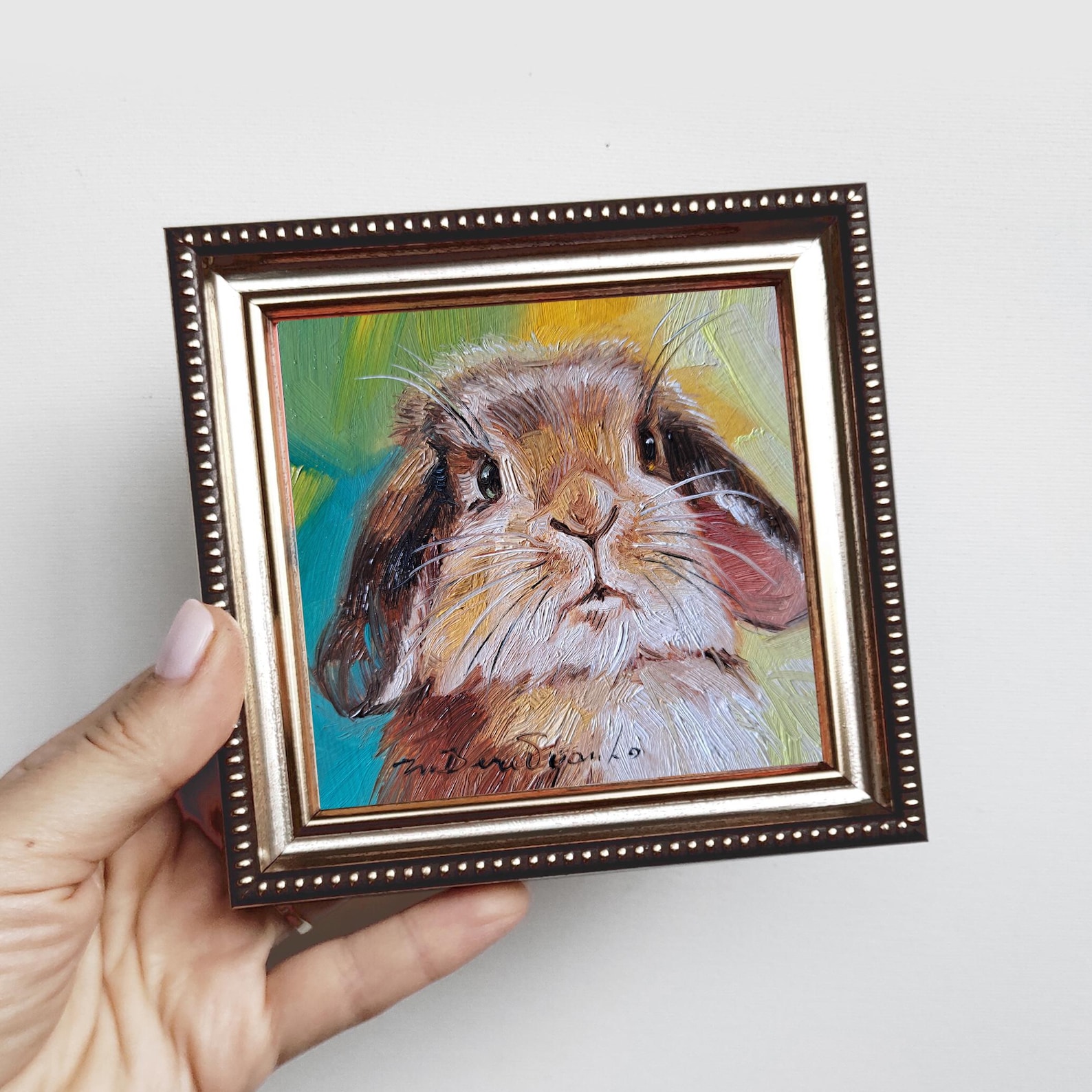 Cute Rabbit Painting Original Oil Framed 4x4, Small Framed Art Rabbit ...