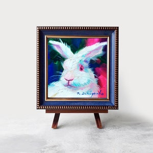 Cute White Rabbit Painting Original Oil Framed 4x4, Small Framed Art ...