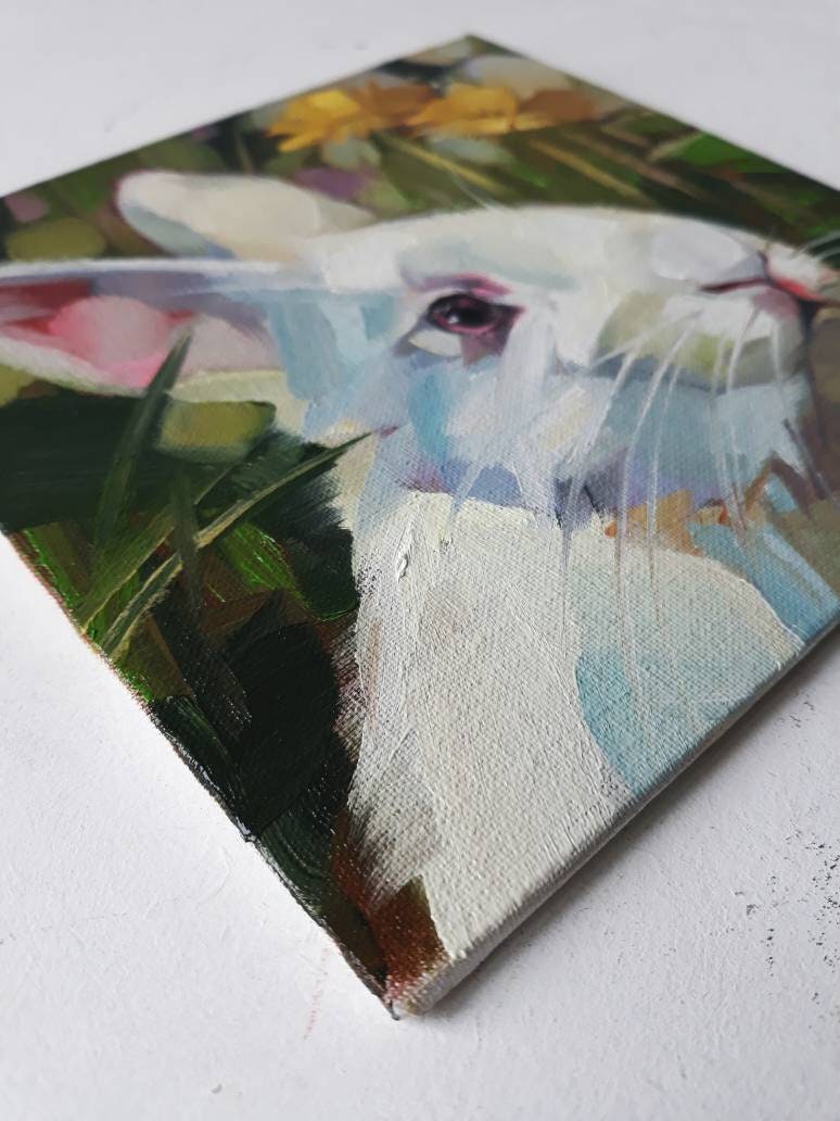 White Rabbit Bunny mini painting in frame 6x6 Rabbit wall art | Etsy