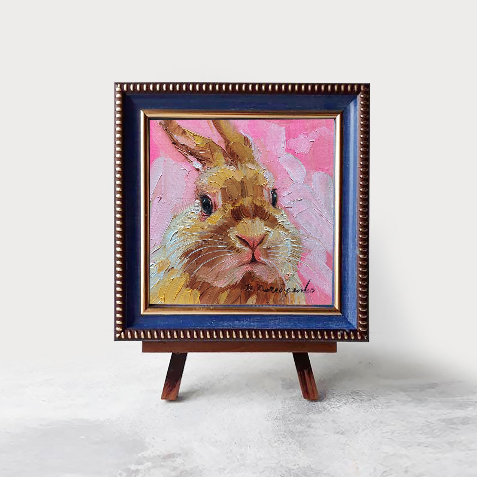 Cute Rabbit Painting Original Oil Framed 4x4, Small Framed Art Rabbit ...
