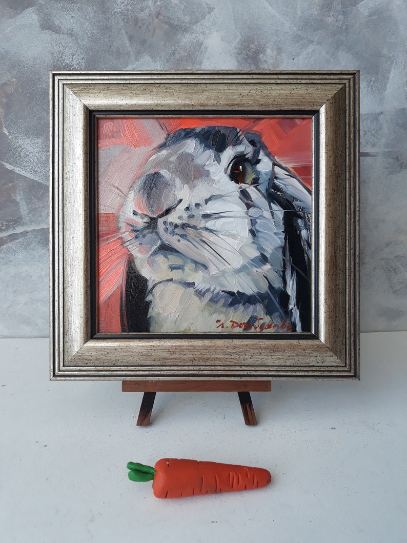 Gray Rabbit Bunny picture frame Rabbit oil painted portrait | Etsy